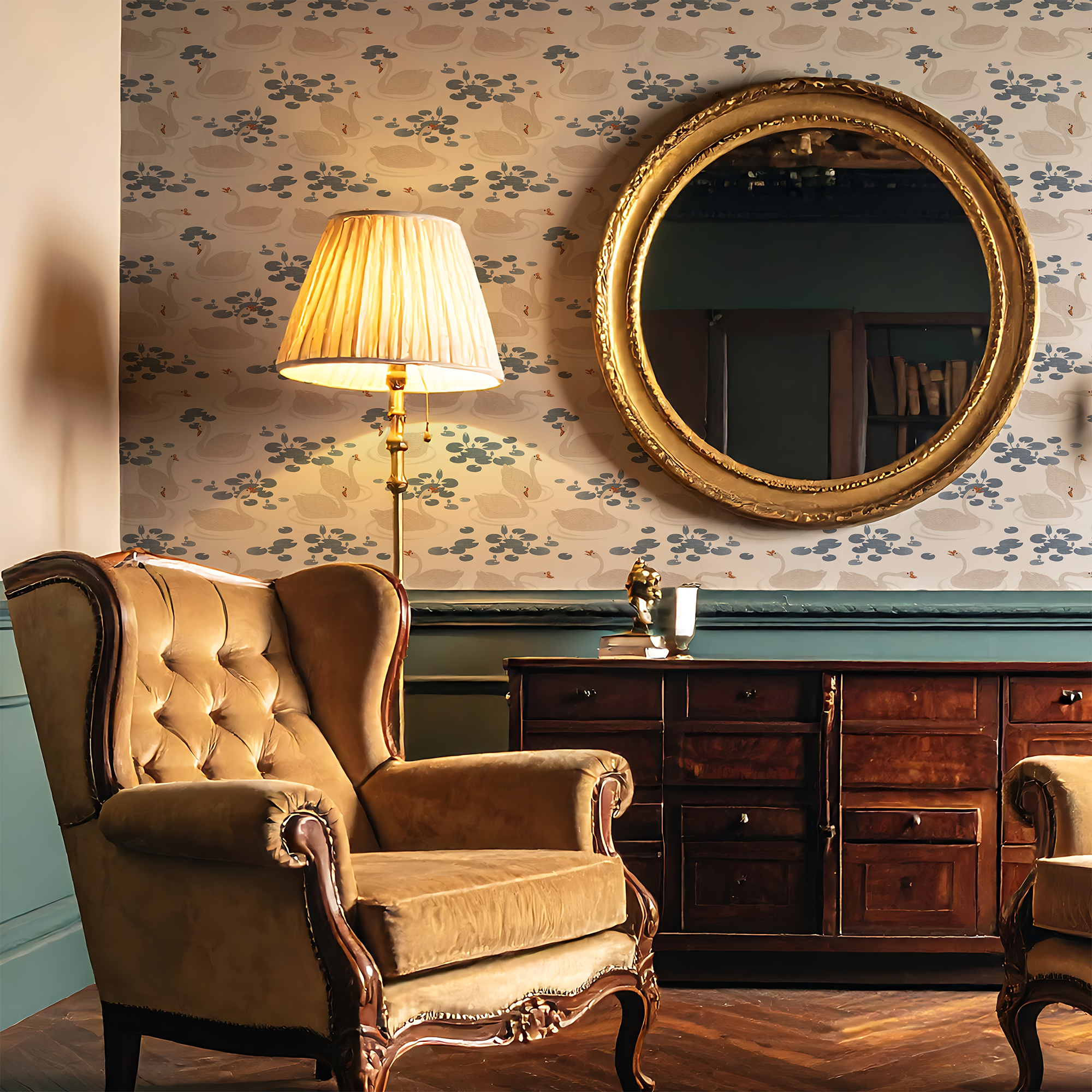 Angelica | Graceful Swimming Swans Wallpaper by Claret & Key